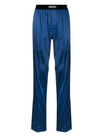 Tom Ford pantalon en soie &agrave; taille &agrave; logo - Bleu
