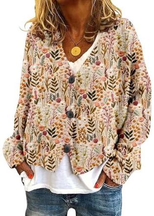 Onsoyours Gilets Femme Automne Hiver Chic Col V Veste Imprim&eacute; Manches Longues Tricot&eacute; Cardigan &Eacute;l&eacute;gant L&acirc;ch&eacute; Bouton Pull Outwear Casual Manteau Sweater Haut Top