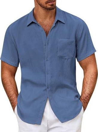 Generic Chemise en coton et lin pour homme - Chemise &agrave; manches courtes de couleur unie - Chemise d&eacute;t&eacute; d&eacute;contract&eacute;e pour homme - Coupe ample - Chemise boutonn&eacute;