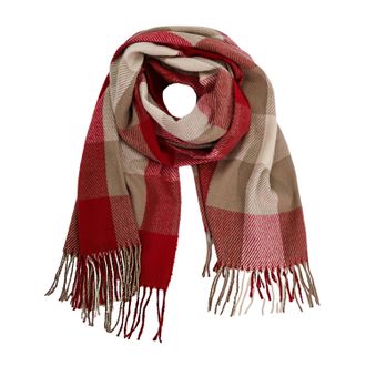 Glamexx24 Schal Damen Winter Kariert Schal, Strickset Schal &uuml;bergro&szlig;er Quadratisch Deckenschal Halstuch Streifen Muster Fransen Ponch, Rot-Beige-H.Beige