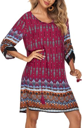 Beyove Damen Bohemian Tunika Kleid Strandkleid Tunikakleider Vintage Strandtunika 3/4-Arm Rundhals Kleid Blumenmuster Kurzes Sommerkleider Tops Muster 8 S
