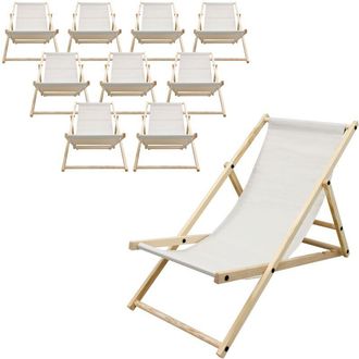 ECD Germany ECD Germany Lot de 10 Chaises Longues Pliantes en Bois Chiliennes, Beige, Dossier R&eacute;glable, 3 Positions de Couchage, jusqu&agrave; 120kg, Bain de Soleil en
