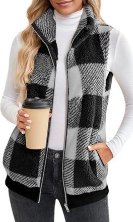 Feoya Gilet Polaire à Carreaux pour Femmes Automne Hiver Gilet Chaud sans Manches Vestes Zippées à col Montant Gilet doux avec Poches Gris M