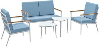 OUTSUNNY Salon de jardin 4 personnes 5 pi&egrave;ces 2 tables basses gigognes acier blanc accoudoirs effet bois coussins bleu