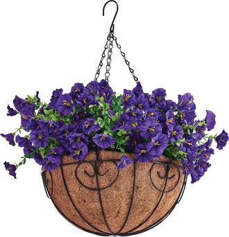 Mikasa Mikasa K&uuml;nstliche h&auml;ngende Blumenpflanze mit violetten Blumen, k&uuml;nstliche gr&uuml;ne Rebe, realistische Kunststoff-H&auml;ngekorb-Pflanze, k&uuml;nstliche H&auml;ngeblume