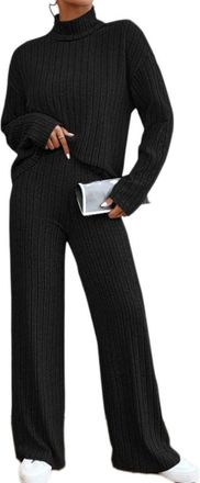 Onsoyours Damen Strick Pullover mit Rollkragen 2er Set Einfarbig Schwarz L