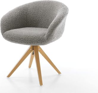 DELIFE Drehstuhl Vinka-Flex mit Armlehnen Boucl&eacute; Silbergrau Holzgestell kantig Natur 180&deg; drehbar Taschenfederkern, Esszimmerst&uuml;hle