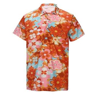 Generic Polo &agrave; manches courtes pour homme avec imprim&eacute; floral, d&eacute;contract&eacute; et &eacute;l&eacute;gant, avec col classique, Orange, XXL