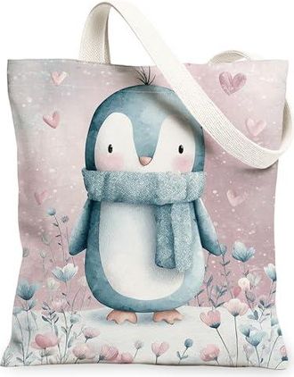 Generic Sacs fourre-tout fantaisistes en toile motif pingouin, mignon animal floral, sacs d&eacute;picerie r&eacute;utilisables, l&eacute;gers et lavables avec bandouli&egrave;re pour lh