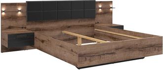 PEGANE Lit double 160x200 + 2 tables de chevet &eacute;clairage LED coloris Ch&ecirc;ne marron fonc&eacute;/Ch&ecirc;ne noir - Longueur 206 x Profondeur 165-265 x Hauteur 42-98,5 cm