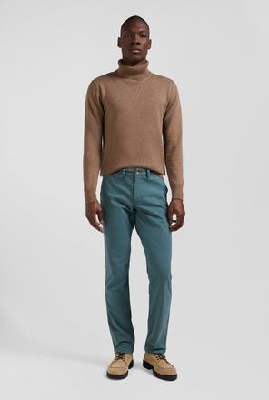 Eden Park Pantalon Chino Vert En Gabardine De Coton Stretch Coupe Regular