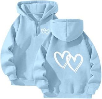 Generic 2025 Sweat &agrave; capuche &agrave; manches longues avec imprim&eacute; graphique coeur pour femme Fermeture &eacute;clair quart de temps, bleu clair, S