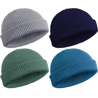 Satinior 4 Pi&egrave;ces Bonnet de Trawler Watch Cap Chapeau de Cr&acirc;ne &agrave; Revers Bonnet de P&ecirc;cheur Unisexe (Bleu Lac, Gris Vert, Bleu Marine, Gris)