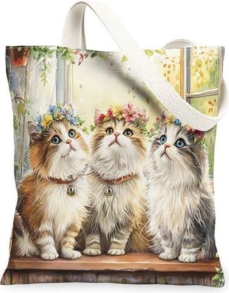 Generic Sac fourre-tout en toile motif chat sib&eacute;rien printanier, 33 x 38,1 cm, motif chat sib&eacute;rien avec fen&ecirc;tre, sac d&eacute;picerie r&eacute;utilisable, sac d&eacute;picerie pou