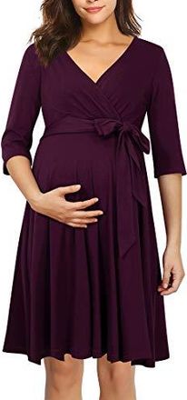 KOJOOIN Robe de maternit&eacute; Femme Robe de Grossesse pour Femme Enceinte Robe dallaitement col V Manches Longues avec Ceinture,Bourgogne,S
