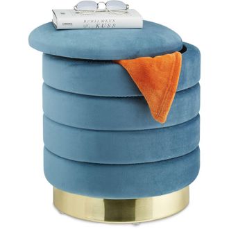Relaxdays Pouf coiffeuse rangement, rond, tabouret velours, si&egrave;ge rembourr&eacute; &eacute;l&eacute;gant, HxD: 43,5x39 cm, bleu p&eacute;trole/dor&eacute; - Relaxdays