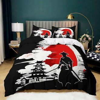 Generic Noir Housse de Couette 240x260 cm avec 2 Taies doreiller 65x65 cm - Nuages de Soleil Rouges de samoura&iuml; Japonais Parure de Lit - Ensembles de Housses 