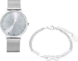 s.Oliver Armband Edelstahl Damen Armschmuck, mit Glas, 16+4 cm, Grau Armbanduhr Damen Quarzuhr Analog, mit Edelstahl Armband, Silber, 3 bar Wasserdicht