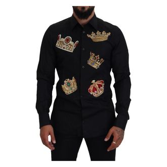 Dolce & Gabbana Schwarzes Goldkronen Slim Fit Kleid Hemd - - Shirts - Herren - Schwarzk - XS