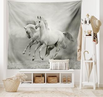 Abakuhaus Schwarz-Weiss Wandteppich, Pferd Freedom Theme aus Weiches Mikrofaser Stoff Waschbar ohne Verblassen Digitaldruck, 150 x 110 cm, Schwarz und Weiß