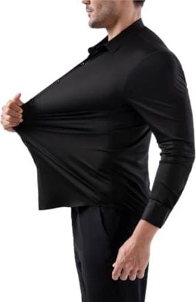 Generic Chemise extensible infroissable et infroissable à manches longues boutonnée coupe régulière, Noir, L