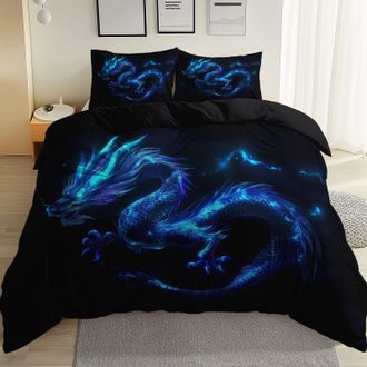 Generic Reversibel B&uuml;gelfrei Bettw&auml;sche Set 240 x 260 cm - Einfach Chinesischer Drache Muster Reversibel Bedruckte Bettbezug Set mit 2 Kissenbez&uuml;gen, Schwarz 