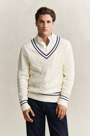 GANT Herren Zopfstrick V-Neck Pullover aus Baumwolle (XXXL) CREAM