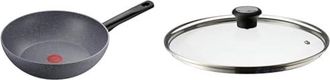 T-fal Natural On Po&ecirc;le Wok 28 cm, Induction, Rev&ecirc;tement antiadh&eacute;sif, Cuisson saine et s&ucirc;re, Fabriqu&eacute; en France, Gris G2801902 & 280977 Couvercle en Verre 28