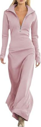 Generic Robe maxi &agrave; manches longues pour femme - Design sweat-shirt - Col zipp&eacute; - Col en V - Streetwear - &Eacute;paules d&eacute;nud&eacute;es - Sexy, Rose, XXL