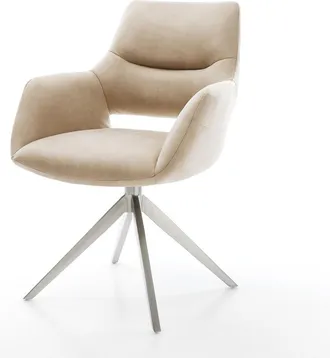DELIFE Drehstuhl Yago-Flex mit Armlehnen Mikrofaser Beige Vintage Kreuzgestell breit Edelstahl 360&deg; drehbar Wippfunktion Taschenfederkern, Esszimmerst&uuml;hle