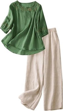 Generic Ensemble de pantalons pour femmes grande taille avec chemise brod&eacute;e en lin et pantalon &agrave; jambes larges, ensemble deux pi&egrave;ces grande taille pantalon fo