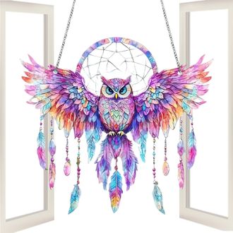 Generico Eulenfensteranh&auml;nger aus Acryl, gefleckt, mit Tieren, 19,9 cm, niedliche V&ouml;gel, Gl&uuml;cksbringertotem f&uuml;r Hof, Ba