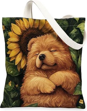 Generic Sac fourre-tout en toile de 33 x 38,1 cm pour le shopping, motif de feuille de tournesol, chiot r&eacute;utilisable, motif imprim&eacute; de plantes et danimaux dom