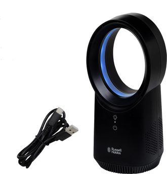Russell Hobbs Kompakter kabelloser Tischventilator, USB wiederaufladbar, 3 Geschwindigkeitsstufen, blattloses Design, Umgebungsbeleuchtung in Schwarz, RHBLDLUSB25B