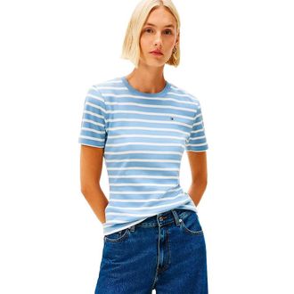 Tommy Hilfiger Womens Slim Cody C-NK SS WW0WW40587 S/S T-Shirt, Blau (Clear Water/Ecru STP), XL, Blau (Clear Water/Ecru STP), XL