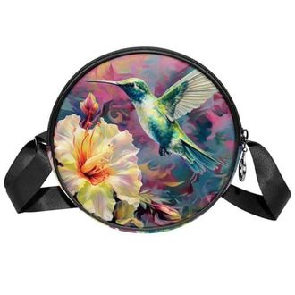 Generic Petit sac &agrave; bandouli&egrave;re rond pour femme, motif colibri floral avec fermeture &eacute;clair, bretelles r&eacute;glables, sac &agrave; main rond d&eacute;contract&eacute; pour femmes et f
