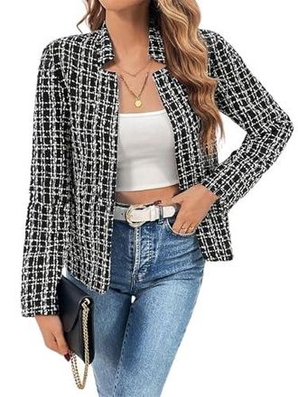 Generic Blazer en tweed à carreaux pour femme, blazer de travail élégant à manches longues, cardigan à col cranté, noir/blanc, XL
