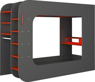 Vente-Unique Hochbett mit Gaming-Schreibtisch & Stauraum + LEDs - 90 x 200 cm - Anthrazit & Rot - Warrior