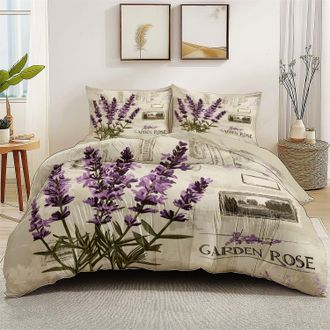 Generic Bettwäsche Vintage Lavendel Briefmarke 3 teilig Drucken Bettbezug Creme Wendebettwäsche-Sets mit 2 kissenbezüge 80 x 80 cm, aus 100% Mikrofaser Weich 