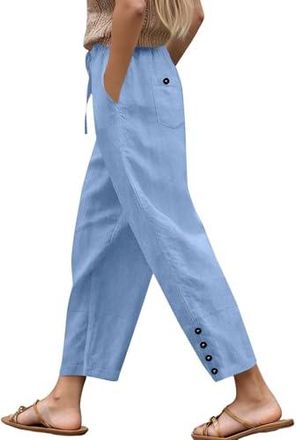 Generic Pantalon en coton et lin pour femme - Jambe large - Pantalon de plage d&eacute;t&eacute; pour femme - Confortable - Pantalon de yoga Palazzo XIYU26050, bleu ciel, X