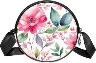 Generic Petit sac &agrave; bandouli&egrave;re circulaire pour femme, motif feuilles florales, sac &agrave; dos avec fermeture &eacute;clair, bretelles r&eacute;glables, sac &agrave; main rond d&eacute;contra