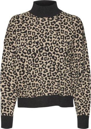 Vero Moda Damen VMARIA Art Batwing Highneck Pullover GA Strickpullover, Black/Detail:W. Silver Mink Leo Print, S