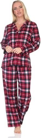 Normann Pyjama long en polaire pour femme, aspect &agrave; carreaux &eacute;l&eacute;gant, &agrave; boutonner, rouge, 46-48