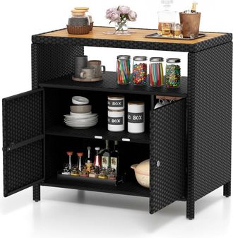 Costway Costway - Armoire de Rangement Exterieur en Rotin, Armoire de Jardin avec Plateau en Bois dAcacia Compartiment Ouvert Buffet &agrave; 2 Portes
