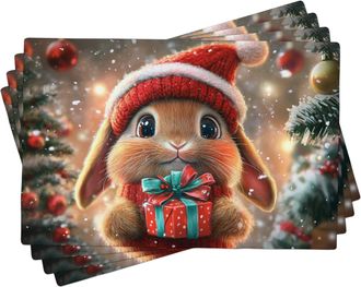 Generic Platzsets f&uuml;r den Winterurlaub, Kaninchen, niedliches rotes H&auml;schen, dekorative Tischsets f&uuml;r Esstisch, rutschfest, waschbar, f&uuml;r drinnen und drau&szlig;en,