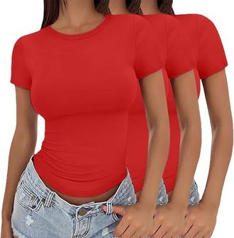 Generic Lot de 3 t-shirts &agrave; manches courtes pour femme - Maillot de corps basique court - T-shirts d&eacute;t&eacute; Y2K - Couleur unie - Coupe ajust&eacute;e - Pour adolescentes