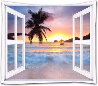 A.Monamour Wandteppiche Offenes Fenster Blick Auf Meer Palme Tropischen Strand Sonnenaufgang Naturlandschaft Boho Hippie Mandala Gobelin Wandbehänge Vorhang Bett