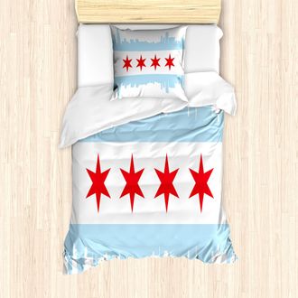 Abakuhaus Chicago Skyline Bettbezug Set f&uuml;r Einzelbetten, Geb&auml;ude Flagge, Milbensicher Allergiker geeignet mit Kissenbezug, 135 cm x 200 cm - 80 x 80 cm, Rot We