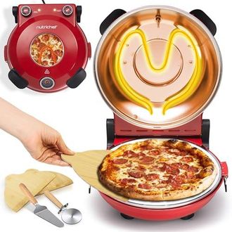 Nutrichef NutriChef Pizzaofen 30,5 cm mit Pizzastein - 430 &deg;C Ober-/Unterhitze, Sichtfenster, Thermometer, Antihaft, Kompakt, Rot - Knusprige Ergebnisse wie aus