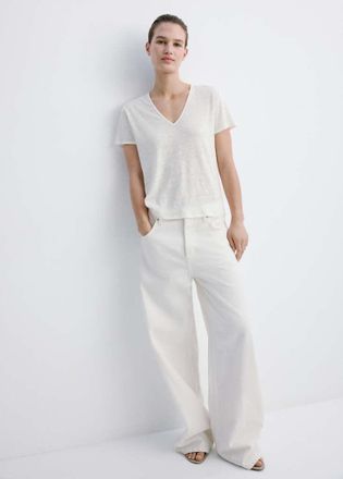 Mango T-shirt lin col V blanc cass&eacute; - Femme - XXS - MANGO